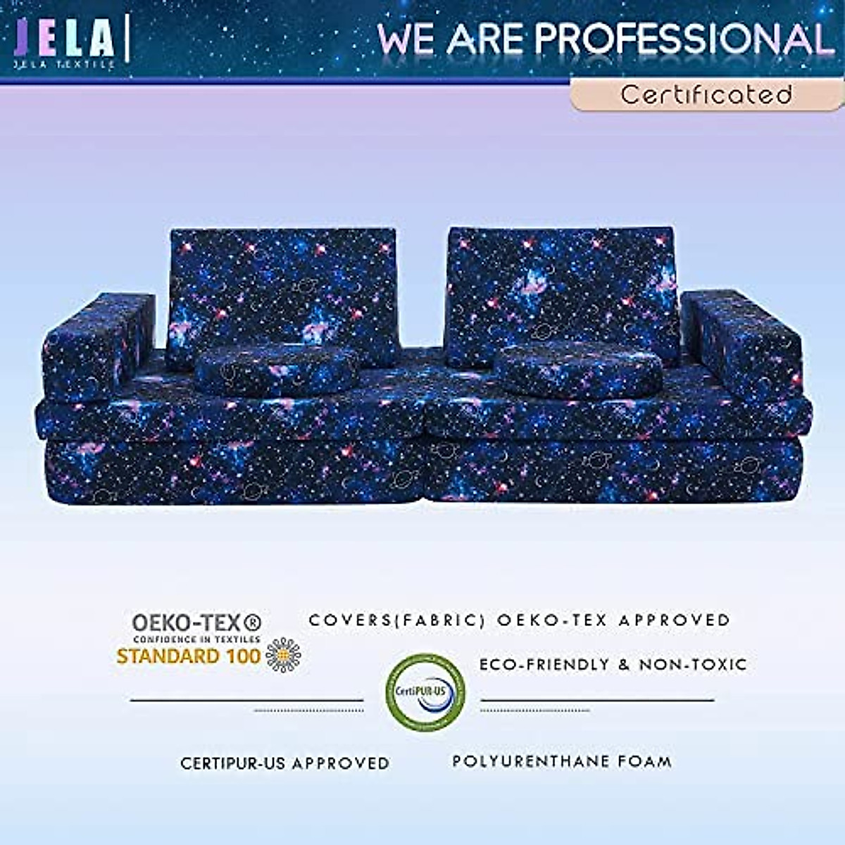 jela Kids Couch Extended Size 10PCS with futons, Floor Couch Floor Sofa Modular Furniture for Kids and Adults, Modular Foam Play Couch, Modular Sectional Sofa (Galaxy)