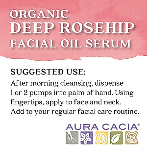 Aura Cacia Organic Deep Rosehip Facial Serum, 1-Ounce, Soothing, Moisture-Preserving Oil, Pure, Free From Synthetic Additives