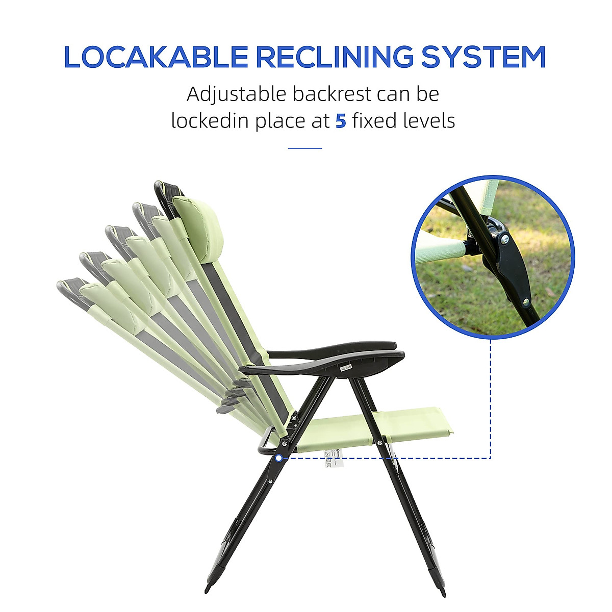 Outsunny Folding Patio Chairs Set of 2, Outdoor Deck Chair with Adjustable Sling Back, Camping Chair with Removable Headrest for Garden, Backyard, Lawn, Green