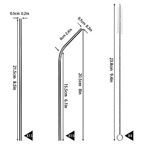 Tomorotec Reusable Straws 30 Pack, Stainless Steel Drinking Straws, Metal Straw Bulks for Smoothies Tumblers Cocktail MilkShake,Set of 15 Straight and 15 Bent with 2 Cleaning Brushes, Silver