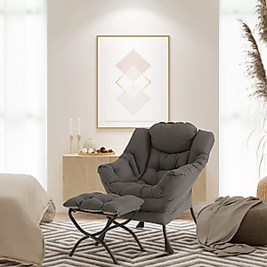 Lazy Chair with Ottoman, Modern Chair with Folding Footrest, Lounge Accent Chair, Comfortable Reading Chair, Oversized Armchairs for Bedroom, Study, Living Room, Courtyard (Dark Grey)