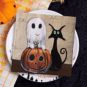 AnyDesign 80 Pack Halloween Paper Napkins Disposable Black Cat Pumpkin Ghost Luncheon Napkins Spooky Decorative Dessert Dinner Hand Napkin for Halloween Party Supplies, 6.5 x 6.5 Inch