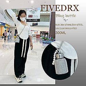 Bling Stainless Steel Diamond Water Bottle Crystal Rhinestone Cute Vaccume Insulated Thermal Flask with Chain and Pearl Bracelet (300ml/10.2oz)