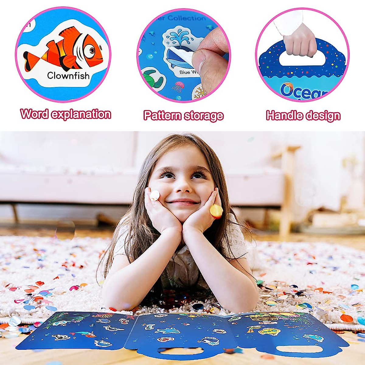 Reusable Sticker Books for Kids, 3 Sets Travel Removable Toddler Sticker Books for 3 4 5 Year Old Girls Boys Birthday Gifts Educational Learning Toys for Age 3-5 - Ocean & Zoo Animals, Dinosaur