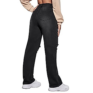 SweatyRocks Women's High Waist Ripped Jeans Distressed Raw Hem Denim Pants Solid Black M