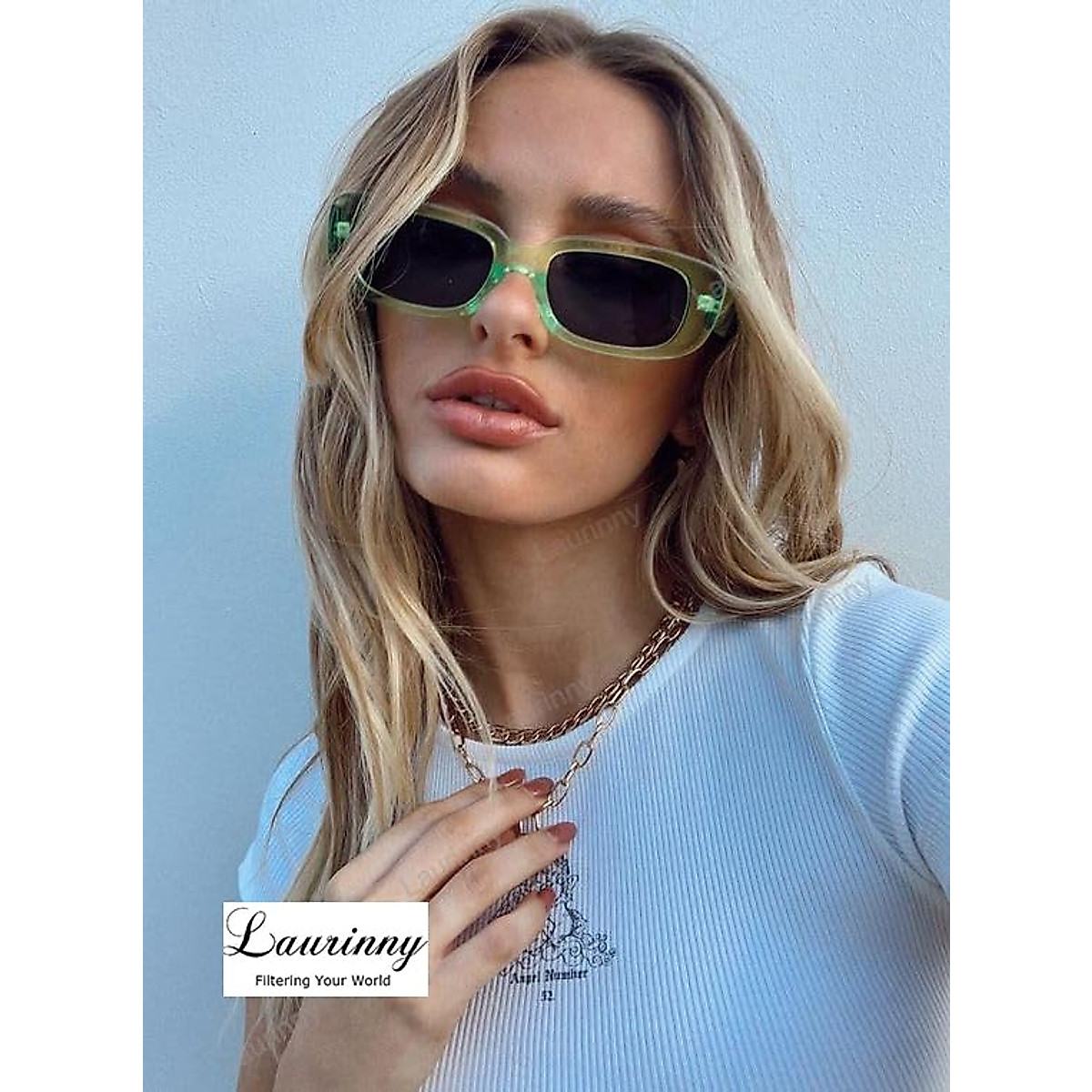 Laurinny Green Sunglasses for Women Retro 90s Vintage Fashion Narrow Rectangle Frame Lime Green Glasses