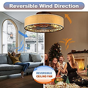 HUOGME 20" Caged Ceiling Fan with Light : Low Profile Fabric Farmhouse Remote Control Flush Mount Enclosed Ceiling Fan with Light for Bedroom Living Room Kitchen Indoor (Ginger)