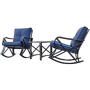 LOKATSE HOME 3-Piece Outdoor Patio Rocking Steel Furniture Bistro Set with 2 Rocker and 1 Metal Square Coffee Table(Blue Thickened Cushion)