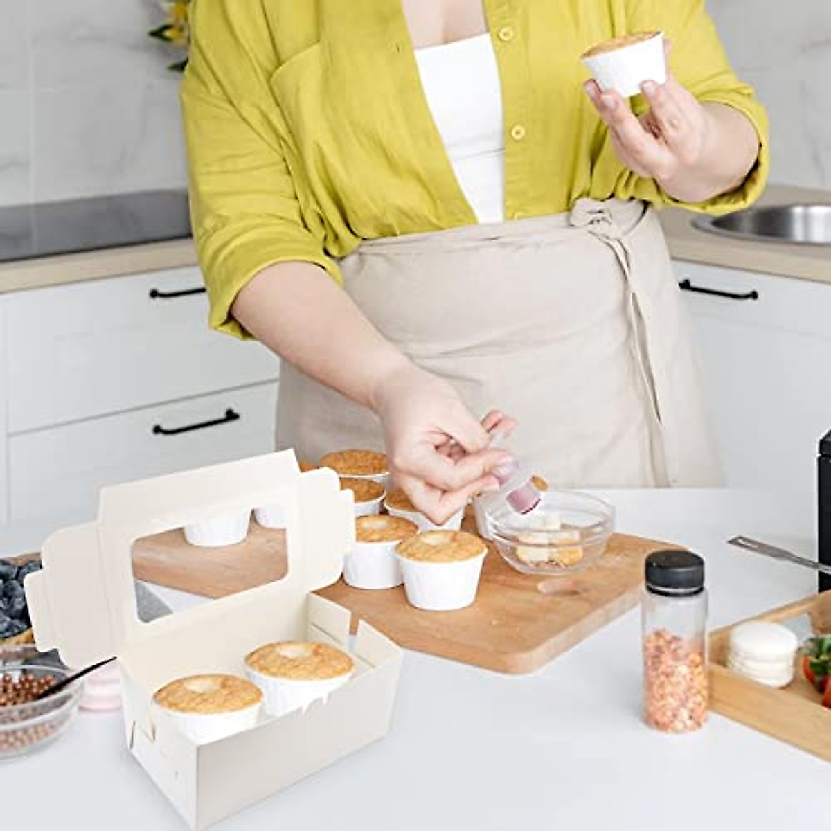 GothaBach 30 Pack White Paper Cupcake Boxes with 2 Cavity Cookie Gift Boxes with Clear Window 2 Treat Holder Cupcake Containers Bakery Cake Box