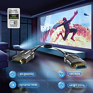 Ablink Certified 8K HDMI Cable 2.1 48Gbps 50FT, Ultra High Speed Fiber Optic HDMI Cable for HDR HDCP2.3 eARC 8K60Hz, 4K 120Hz Compatible with PC HDTV Projector, Xbox Series, in Wall CL3 rated