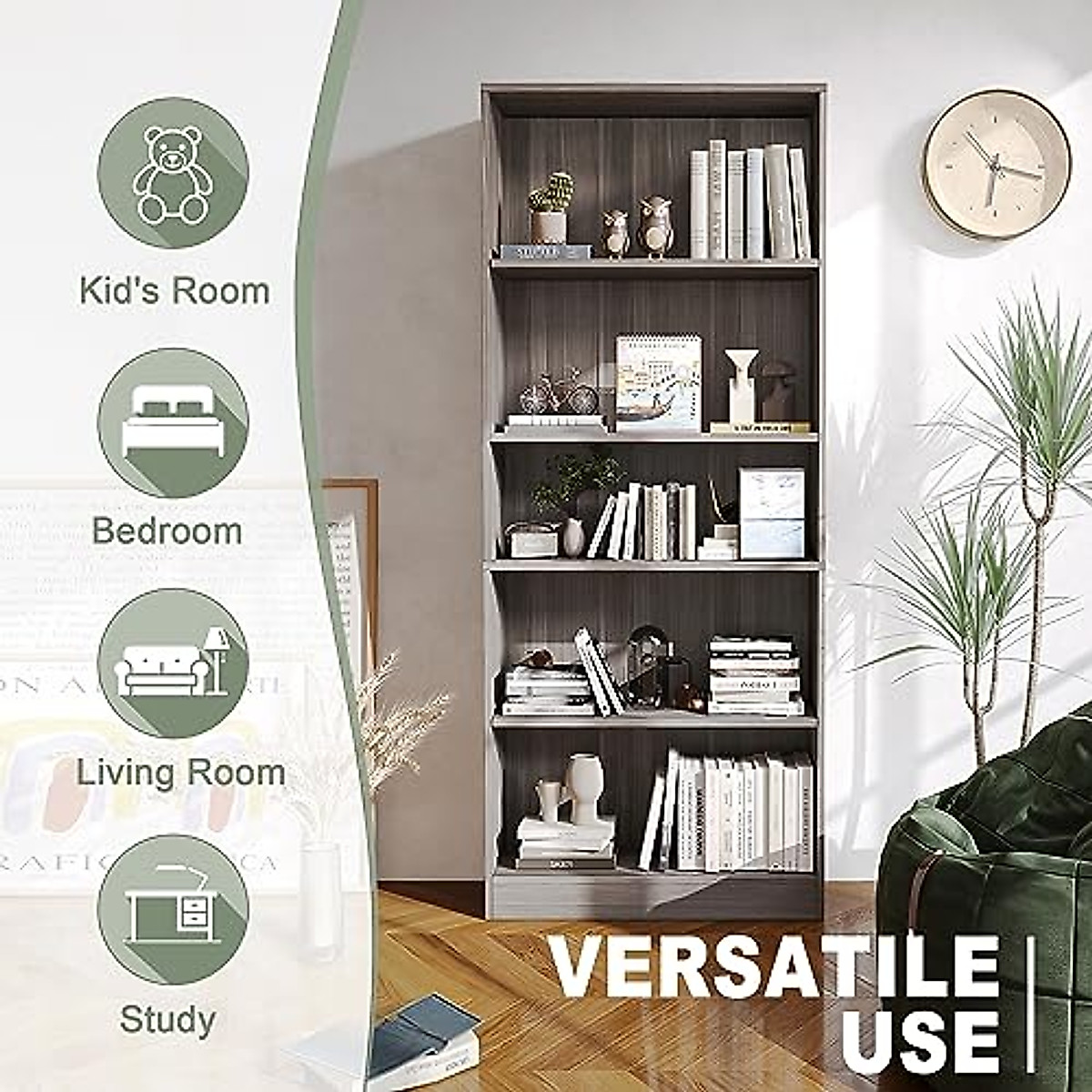 VICLLAX 5-Shelf Wood Bookcase, Wide Adjustable Open Bookshelf, Tall Display Storage Shelf for Living Room, Bedroom, Kids Room, Office, Grey