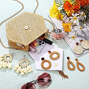 Straw Purses Bags Woven Summer Clutch Purses Crossbody Shoulder Handbag Bag with 4 Pairs Rattan Boho Earrings for Women Girl (White)