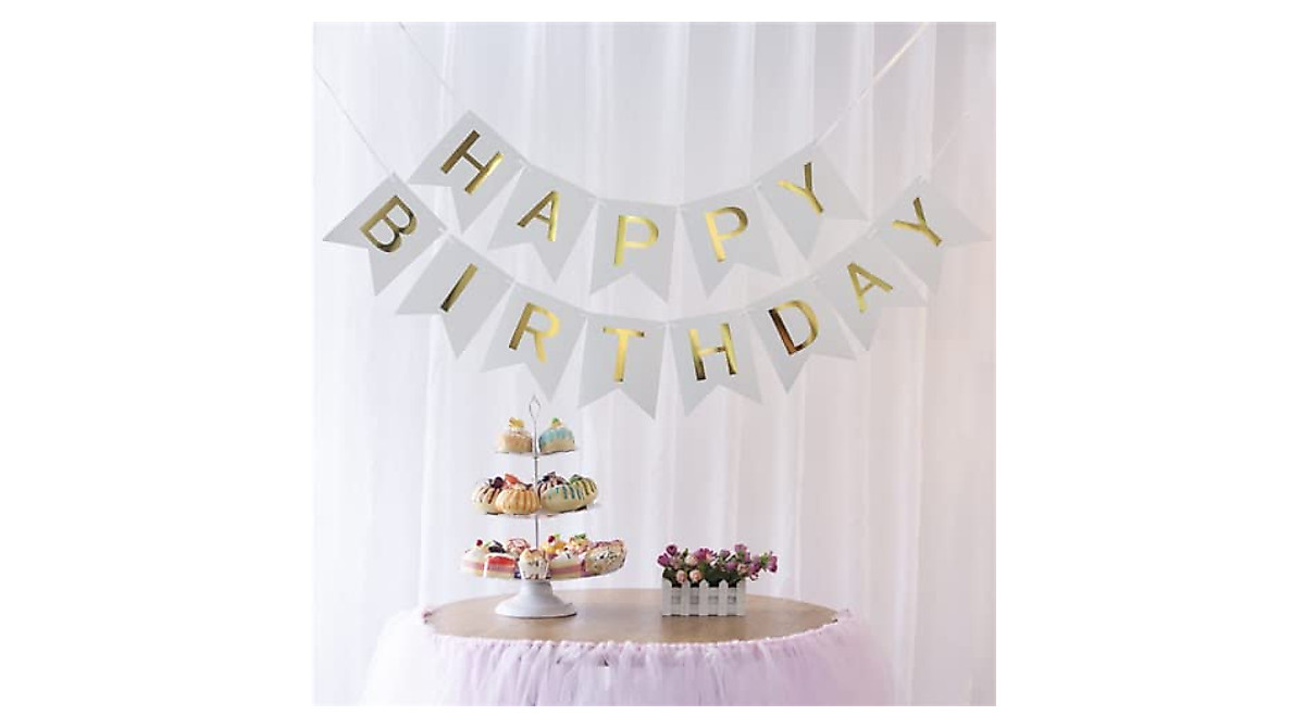 Elegant White & Gold Happy Birthday Banner for Stylish Parties