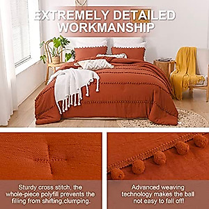 Sanracie Terracotta Comforters Queen Size Set Boho,Burnt Orange Pom Pom Farmhouse Bedding Sets Queen Bed Comforter Set 3 Pieces