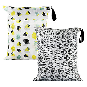 2Pcs Waterproof Reusable Wet & Dry Bag for Baby Cloth Diaper Gym Clothes Travel Bags Washable Beach Pool Swimsuits Pockets with Two Zippered Dirty Diapers Stroller Yoga Toiletries Daycare Organizer