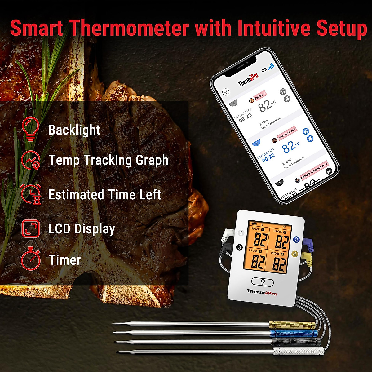 ThermoPro TP25 500ft Wireless Bluetooth Meat Thermometer with 4 Temperature Probes Smart Digital Cooking BBQ Thermometer for Grilling Oven Food Smoker Thermometer, Rechargeable