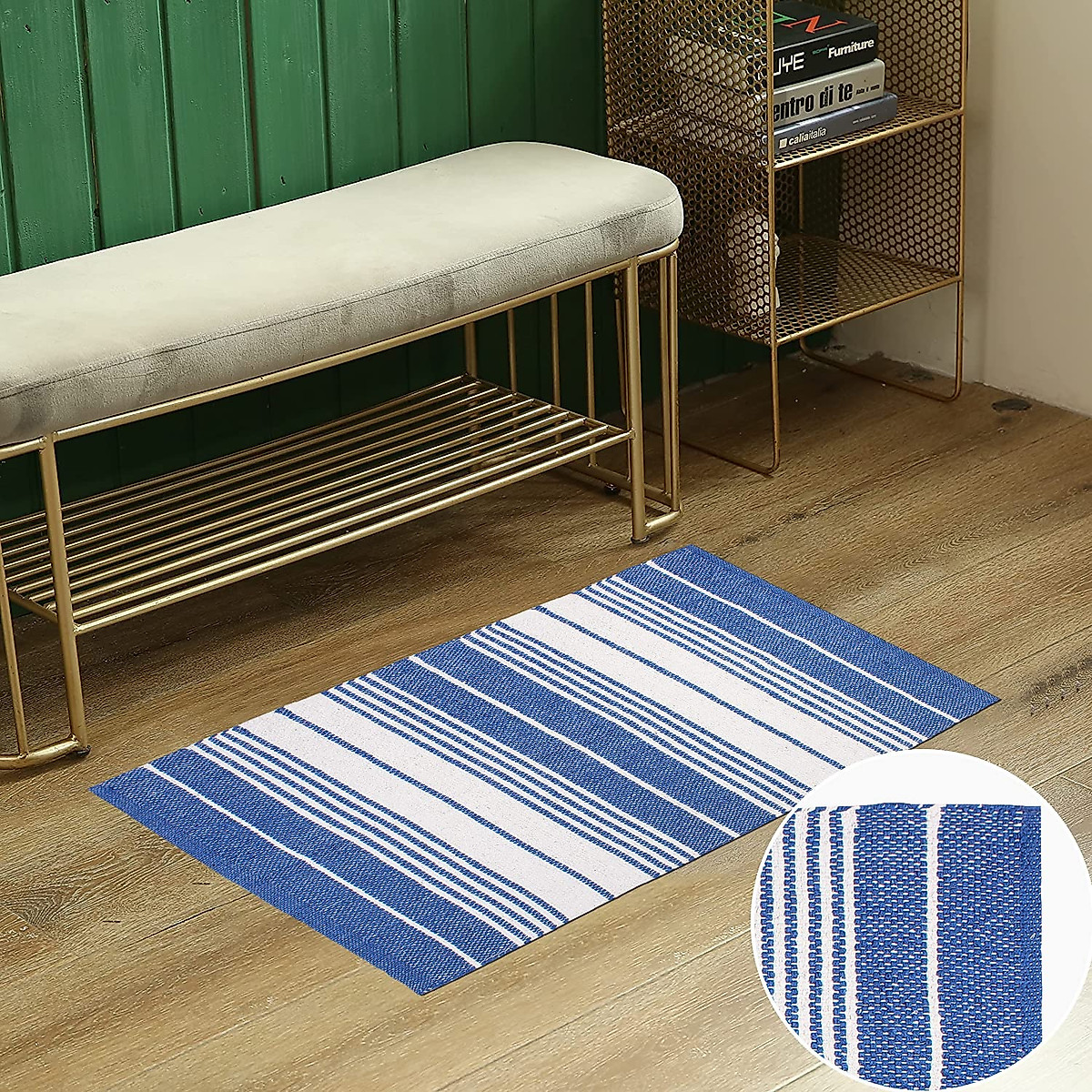 Asraie Eco Friendly Hand Woven & Reversible Cotton Stripe Rag Rug 100% Recycled Cotton Area Rug for Living Room Kitchen Entryway 2x3' (Steel Blue & White)
