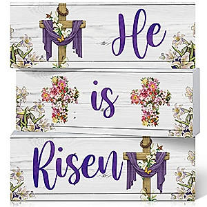 He is Risen Easter Decor Easter Wooden Cross Signs Floral Printed Easter Tiered Tray Signs Religious Tabletop Easter Decorations Spring Table Centerpieces for Home Office (Cross)