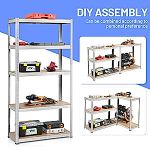 ERGOMASTER 5 Tier Utility Shelves Rack Garage Heavy Duty Steel Metal Shelving Unit with Adjustable Design, Bolt-Free Assembly & 380 LBS Wight Capacity Per Tier (1, Silver)