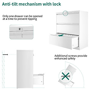 YITAHOME 3 Drawer Lateral File Cabinet with Lock, Metal Stainless Steel Wide Lateral Filing Cabinet for Legal/Letter A4 Size, Office Organizer Storage Cabinet,White