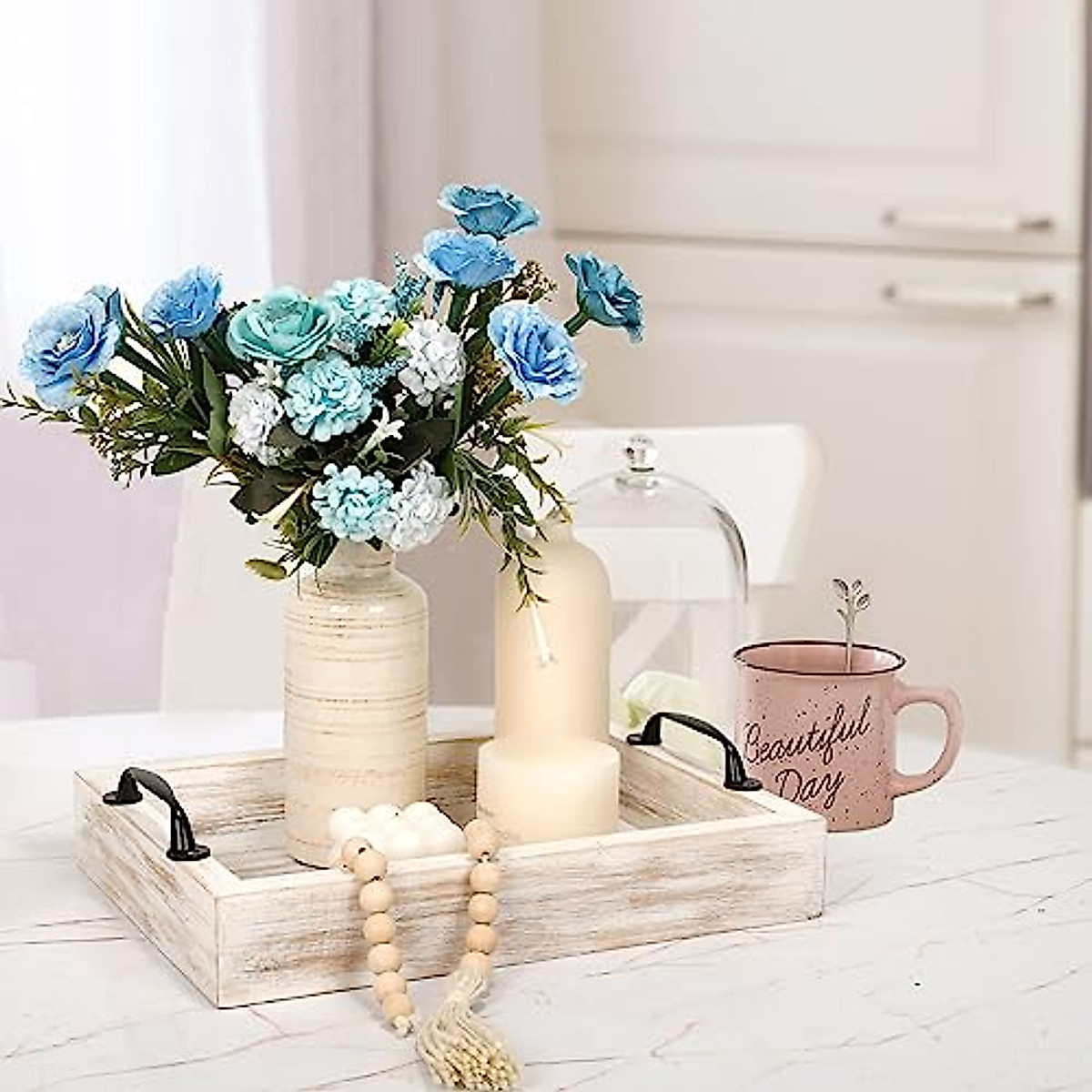 Set of 2 Rustic Farmhouse Wooden Serving Tray with Handles, Nesting White Decorative Trays for Coffee Table Ottoman Kitchen Bed Dining Table Centerpiece Rectangular Tray for Food Fruits Coffee Candles