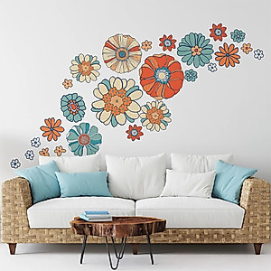Fanwaoo Boho Retro Flower Wall Decals Vintage Floral Wall Stickers Colorful Hippie Flower Wall Art Decor for Living Room Bedroom Sofa TV Wall