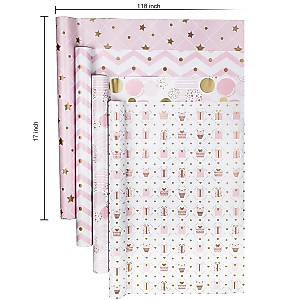 JUSTASHOW Gift Wrapping Paper, 4 Rolls Birthday Wrapping Paper for Girls Women kids adults, 17x118 Inches Per Roll Wrapping Paper for Birthday, Christmas Baby Shower(Pink)