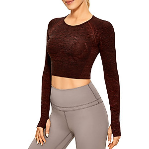 VANTONIA Women's Seamless Long Sleeve Crop Top Cute Workout Yoga Top Breathable Sports Running Gym Shirts with Thumb Holes Brown Marl Small