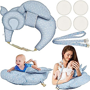 Geelin Nursing Pillow Soft Nursing Pads Set Include Breastfeeding Pillows with Adjustable Waist Strap 4 Pieces Breast Pads Reusable Postpartum Essentials for Baby Breastfeeding, Gray and White