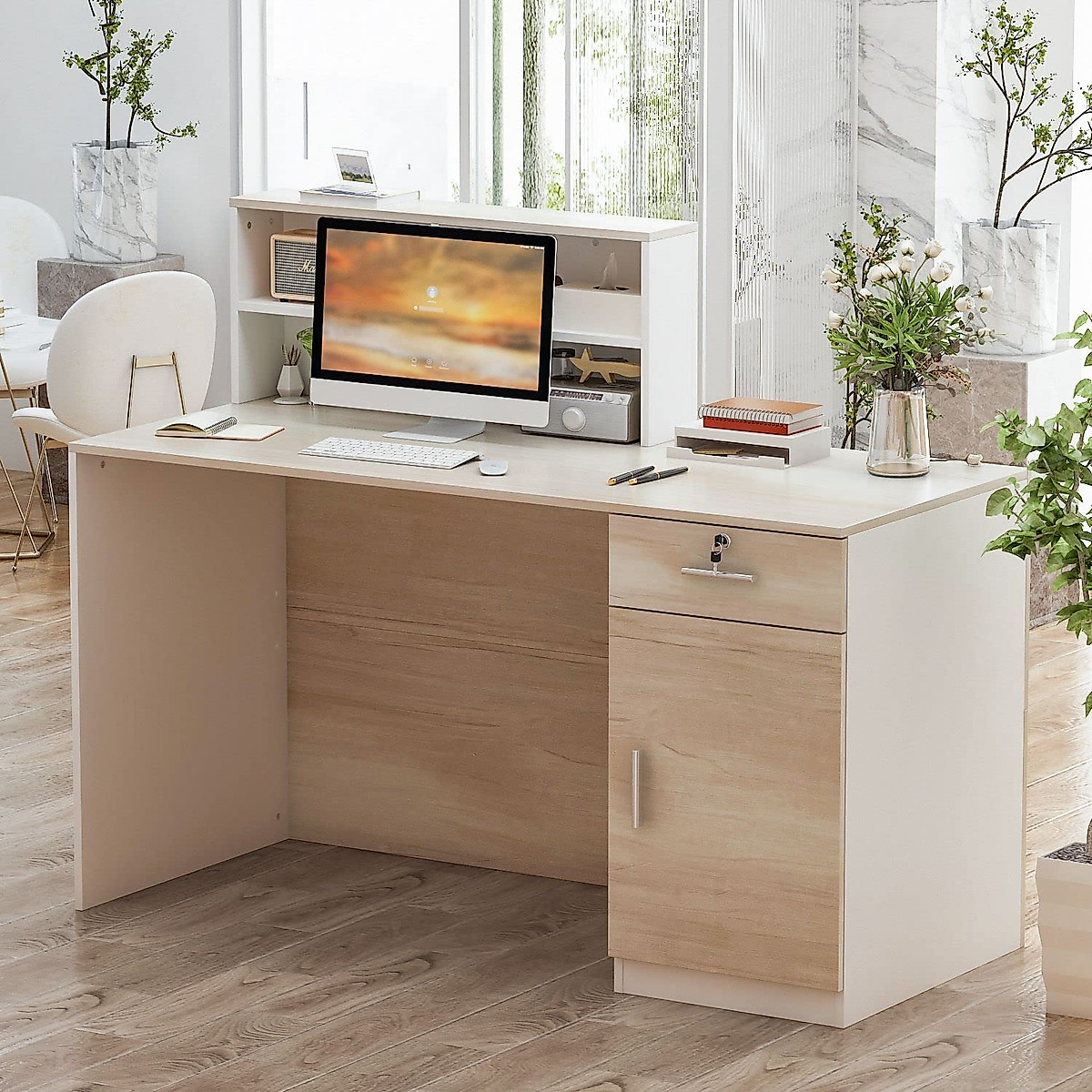 FAMAPY Reception Desk Retail Counter with Lockable Drawer & Shelves, Front Counter Desk Reception Counter Table for Salon Lobby Shop White and Oak (55.1”W x 23.6”D x 43.3”H)