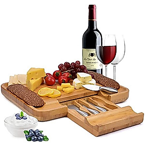 Organic Bamboo Cheese Charcuterie Cutting Board with Cutlery & Knife Set, Includes 4 Stainless Steel Serving Utensils, Wooden Serving Tray for Meat Platter, Fruit & Crackers