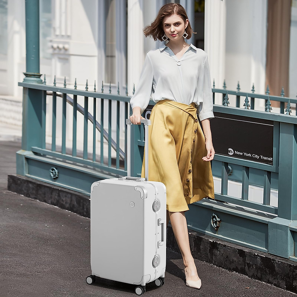 mixi Carry On Luggage 20'' Travel Suitcase Rolling Luggage Aluminum Frame PC Hardside with Spinner Wheels & TSA Lock - Smoke White