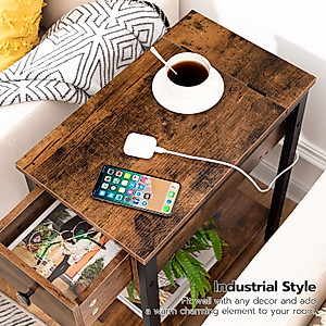 HOOBRO End Table with Charging Station, Set of 2 Narrow Side Table, Small Nightstand, Bedside Table with Drawer and Storage Shelves, for Small Spaces, Rustic Brown and Black BF041BZP201