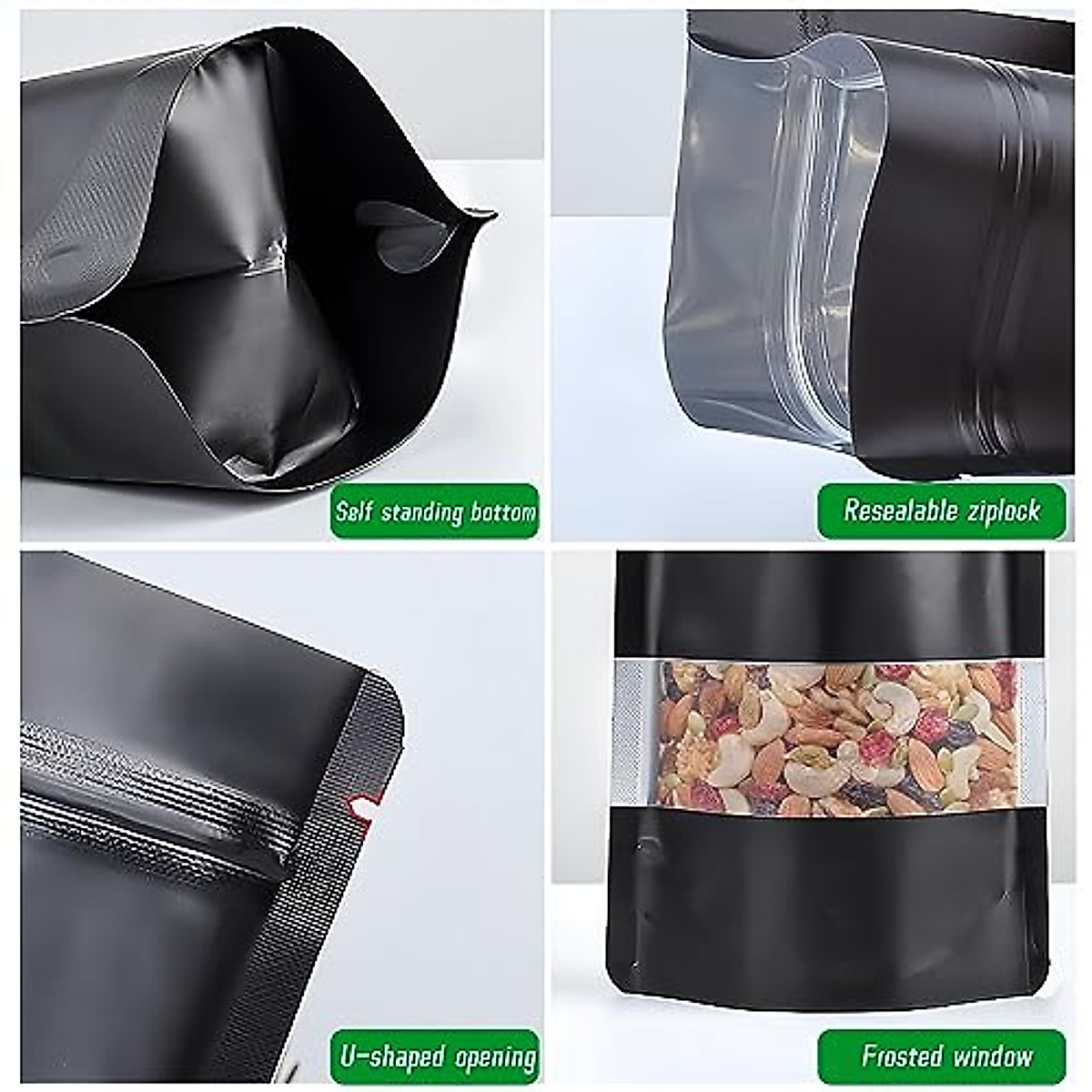 K KAREZOG 50 Pack Black Mylar Bags,Stand Up Pouch Bags with Window,Smell Proof Bag for Food Storage,Black Ziplock Bags Stand Up Foil Pouch Packaging Bags(Black, 16x24cm -50 pcs)