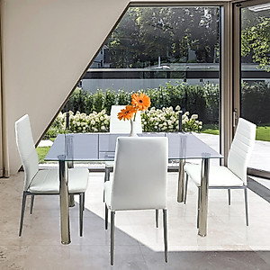 HomVent Dining Table Set for 4, Small Tempered Glass Dining Room Table Set, Kitchen Table and Chairs for Small Spaces, Transparent,White Modern 110cm, Stainless Steel PU Leather