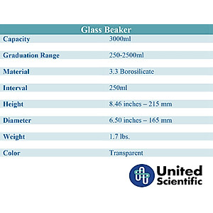United Scientific™ BG1000-3000 Borosilicate Laboratory Grade Glass Beakers | Griffin Low Form Beaker | Graduated with Spout | Designed for Laboratories & Chemistry Classrooms | 3000mL Capacity