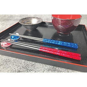Premium Japanese Chopsticks Reusable with Chopsticks Rest Set of 2 Pairs[ Made in Japan ] Traditional Lacquer Art Wooden Chopsticks (Splashed Pattern BL/RD(MK026))