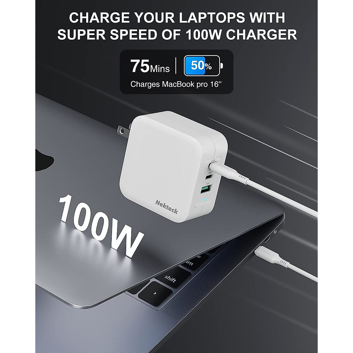 Nekteck GaN Charger 100W USB C Charger 3-Ports with PD.3 and QC.3, Compact Fast Foldable Wall Charger for iPhone 15 Series, MacBook Pro/Air, Google PixelBook, ThinkPad, Galaxy S22/S20 and More