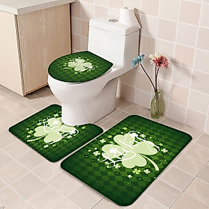 Bath Rugs for Bathroom Set 3 Piece St. Patrick's Day Lucky Shamrocks Clovers Green Diamond Plaid Non-Slip Washable Memory Foam Absorbent Bath Mat Rugs,U-Shaped Toilet Floor Mats,Toilet Lid Cover