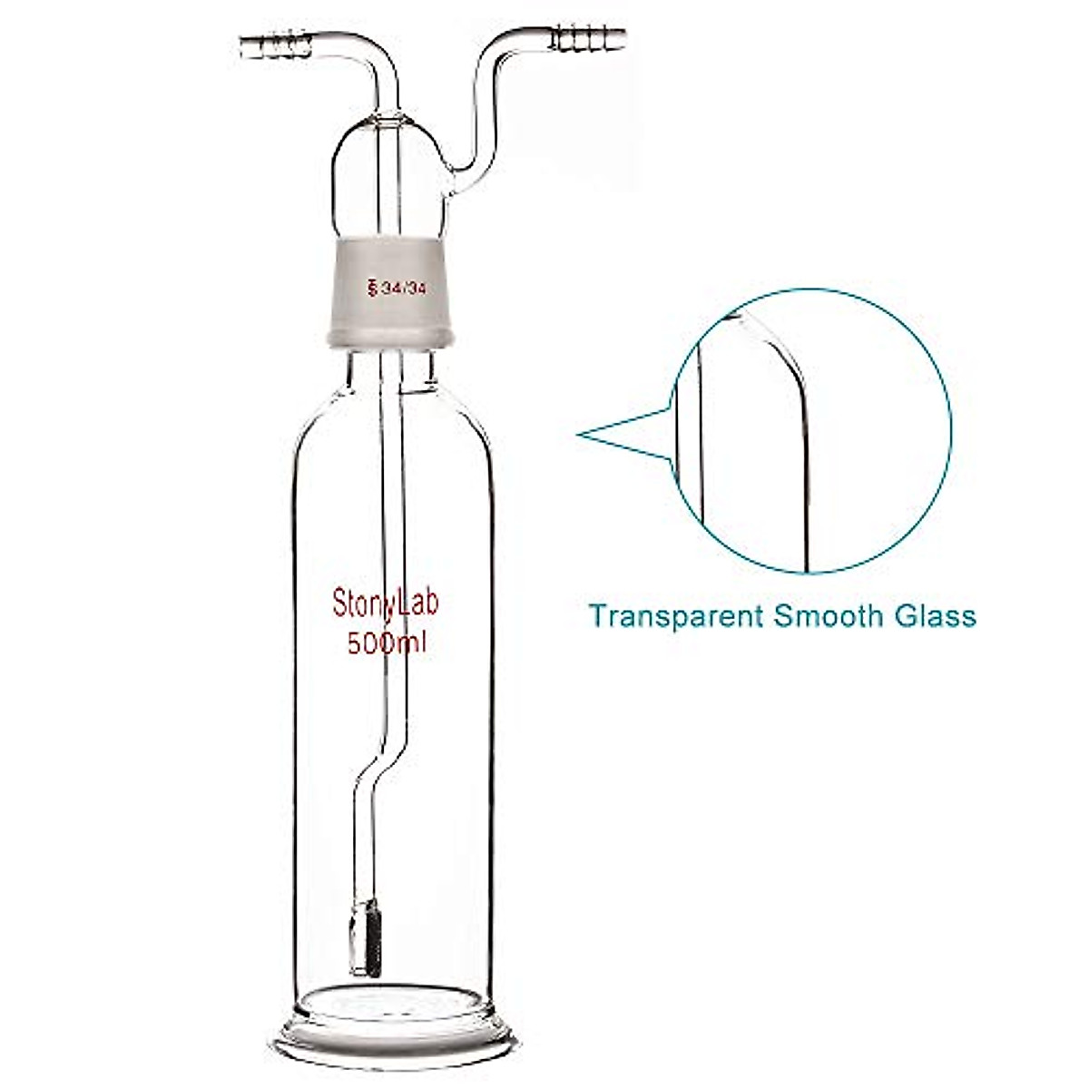 stonylab Gas Washing Bottle, Borosilicate Glass 34/34 Stopper Gas Bubbler Gas Washing Bottle with Fritted Disc and 8 mm OD Inlet/Outlet Hoses, 500 ml