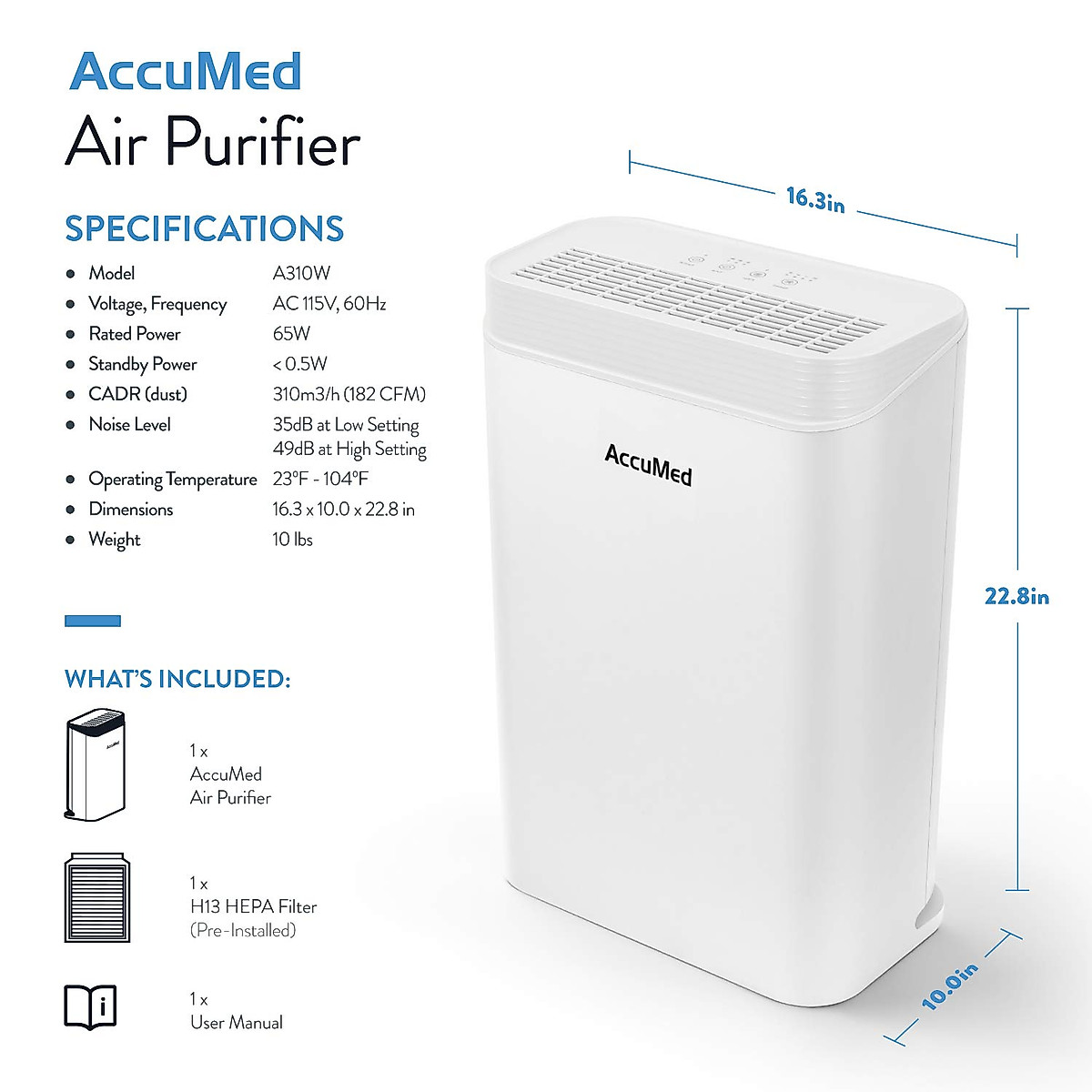 AccuMed HEPA Air Purifier, Removes Pet Hair and Smoke, White (A310W)