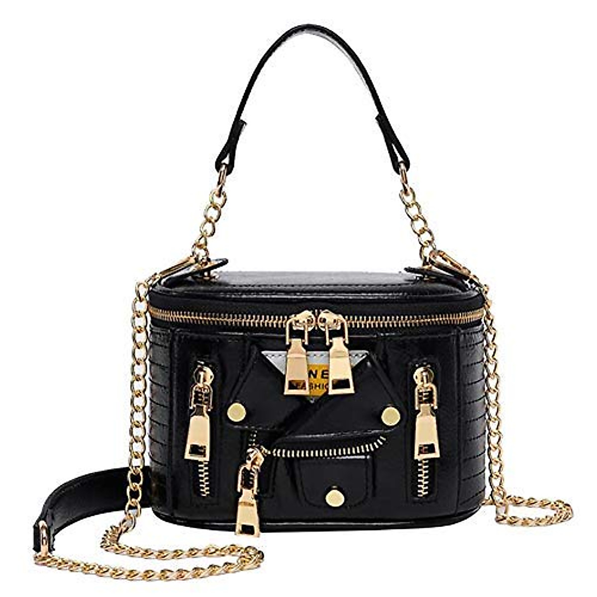 QZUnique Motorcycle Jacket Shoulderbag PU Leather Handbag Punk Style Crossbody Bag Rivet Purse Lapel Collar Bag with Chain Black