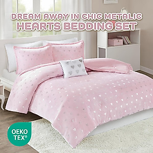 Mi Zone Rosalie Comforter Set for Girls, Ultra-Soft Microlight Plush Metallic Printed Hearts Brushed Reverse Overfilled Down Alternative Hypoallergenic All Season, , Full/Queen, Pink/Silver, 4 Piece