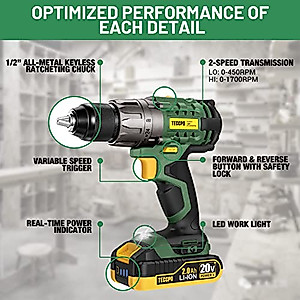 TECCPO Cordless Drill, 20V Drill Driver 2000mAh Battery, 530 In-lbs Torque, Torque Setting, Fast Charger 2.0A, 2-Variable Speed, 33pcs Accessories, 1/2" Metal Keyless Chuck