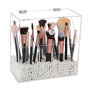 Vevitts Acrylic Makeup Brush Holder, Clear Cosmetic Brush Storage Box 3 Brush Holders, Makeup Brush Case with Dust Cover, Large-Capacity Split Design for Organize the Vanity Desk (No pearl and brush)
