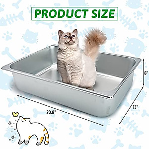 Fhiny Stainless Steel Litter Box for Cat, Large Size With High Sides and Non Slip Rubber Feet Cat Toilet Non Stick Smooth Surface Litter Pan Never Absorbs Odors Stains or Rusts Durable Kitten Supplies