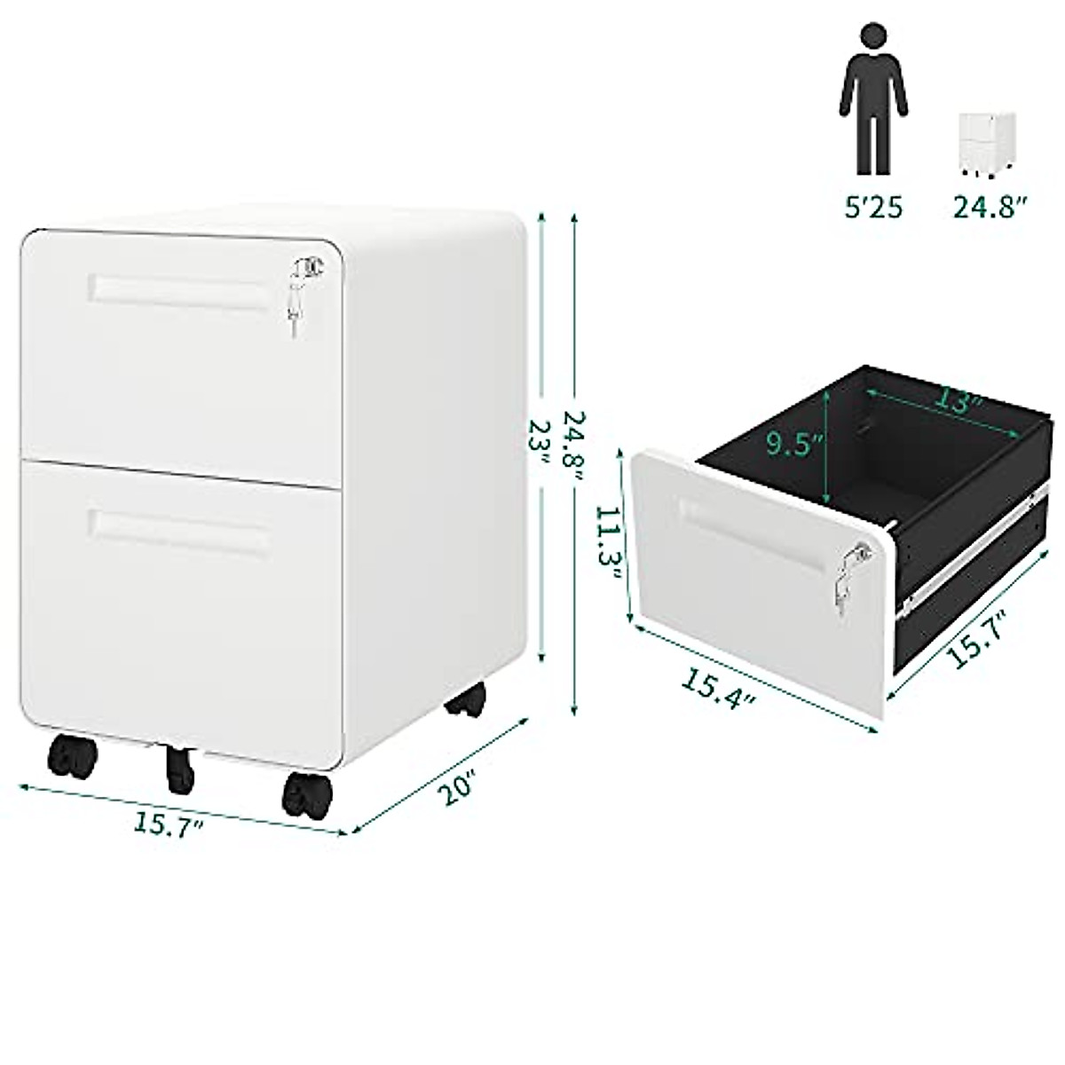 YITAHOME 2 Drawer Rolling File Cabinet, Metal Mobile Filing Cabinet with Lock Under Desk, Anti-Tilt File Cabinet for Legal/Letter Files in Commercial Office Home, White