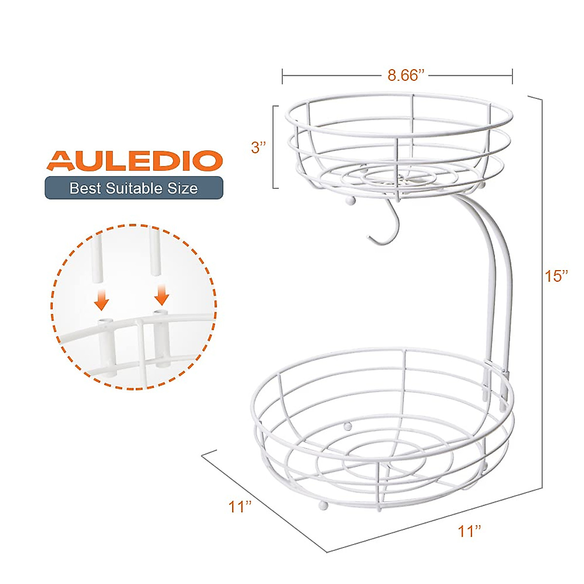Auledio 2-Tier Fruit Vegetables Basket Bowl Storage With Banana Hanger,Pure White