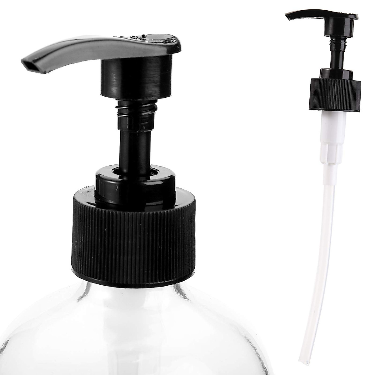 Yarlung 4 Pack 16 Oz Glass Pump Bottles, Clear Refillable Containers Glass Soap Dispenser for Essential Oils, Lotions, Cleaning Products, 4 Black Caps 6 Labels