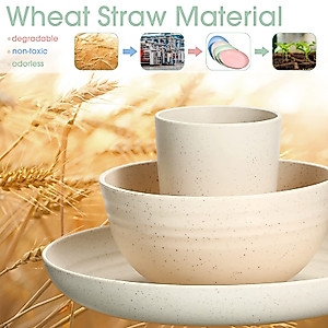 64 Pcs Wheat Straw Dinnerware Sets Unbreakable Dinnerware Set Plastic Dishes Set Reusable Lightweight RV Camping Bowls Dishes Plates Cups Set Microwave Safe Dinnerware for Kitchen Indoor